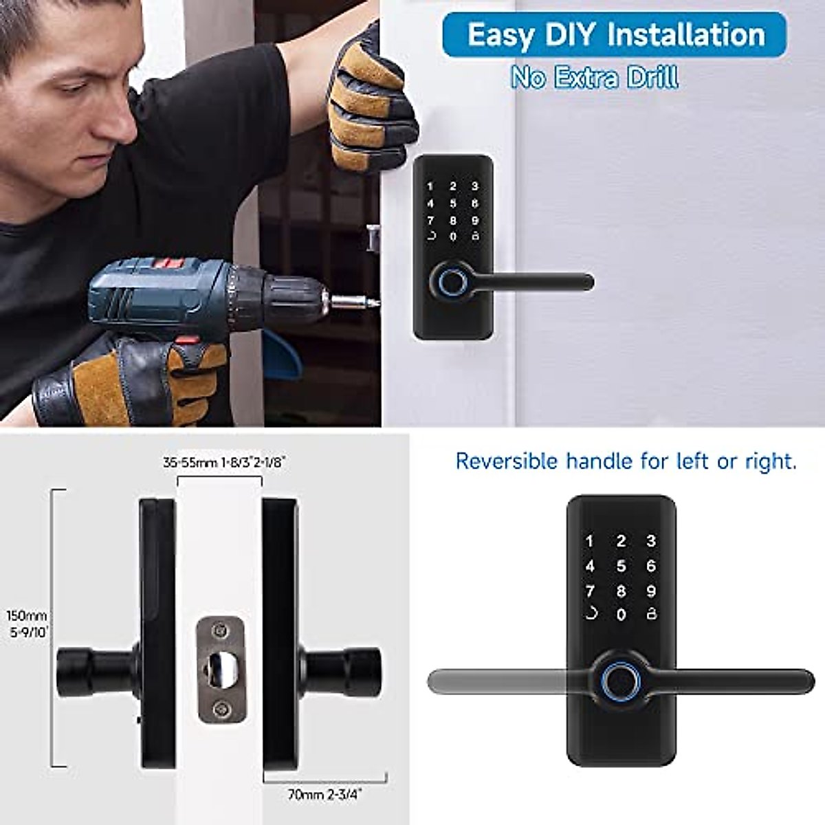 BEBASIA Smart Door Lock, Keyless Entry Door Lock, Fingerprint Door Lock, Door Locks with Keypads, Bluetooth WiFi Door Locks, Keypad Door Lock with Reversible Handle, APP Control, Fobs, Code (Black)