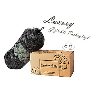 myHomeBody Large 70g Loofah Sponge, Bath Body Scrubber for Women, Men | Exfoliating Shower Pouf with Activated Charcoal - 2 Graphite Gray + 1 Sage Green, 3 Pack