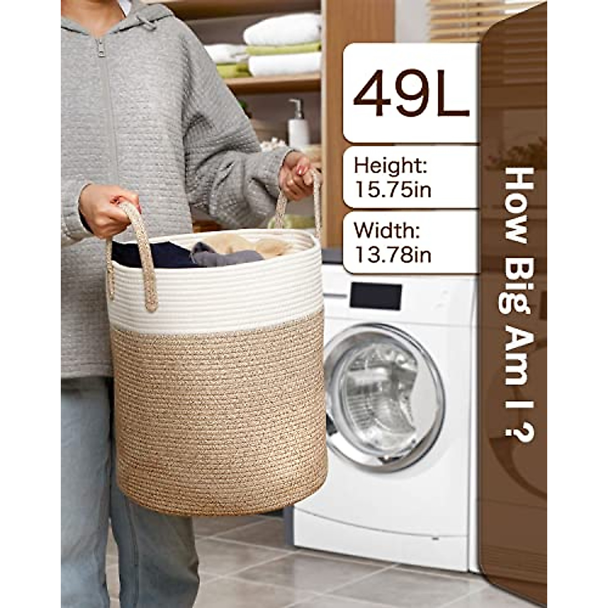 ZYER Cotton Rope Laundry Basket tall rope basket for Clothes 49L Storage Laundry Basket for Toy Cotton Rope Laundry Basket with Handles 35 * 40CM