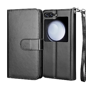 Njjex Galaxy Z Flip 5 5G Case, for Samsung Galaxy Z Flip 5 5G Wallet Case, [9 Card Slots] PU Leather ID Credit Holder Folio Flip [Detachable] Kickstand Magnetic Phone Cover & Lanyard [Black]