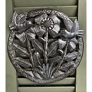 It's Cactus Small Floral Garden Decor, Wall Plaque, Hummingbirds and Flowers, Haitian Metal Art, 10 Inches Round