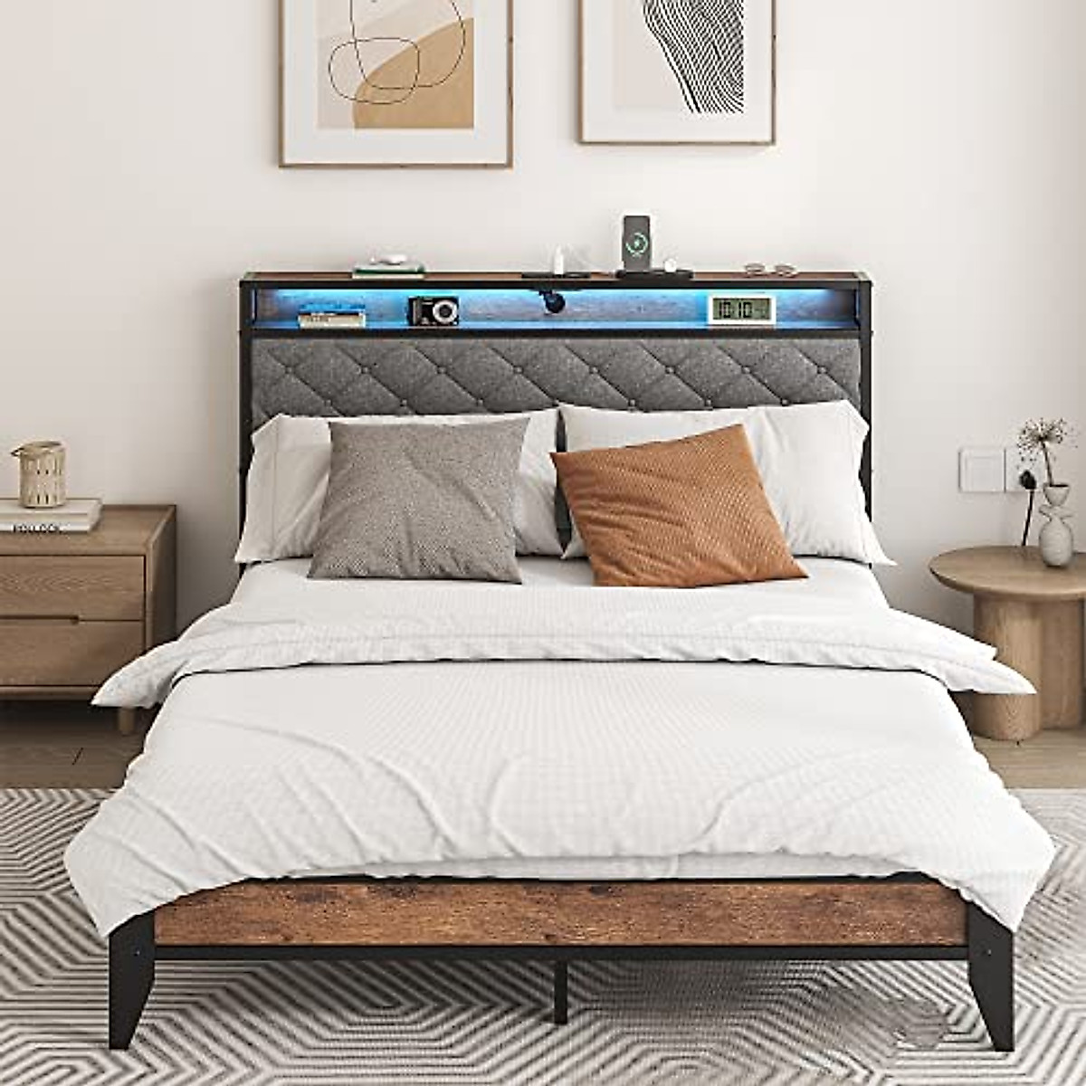 Osfvolr Queen Bed Frame with Charging Station and LED Light, Platform Bed Frame with 2 Tier Storage Upholstered Linen Headboard, Heavy Duty Metal Structure, 12 inch Under Bed Storage, Noise Free