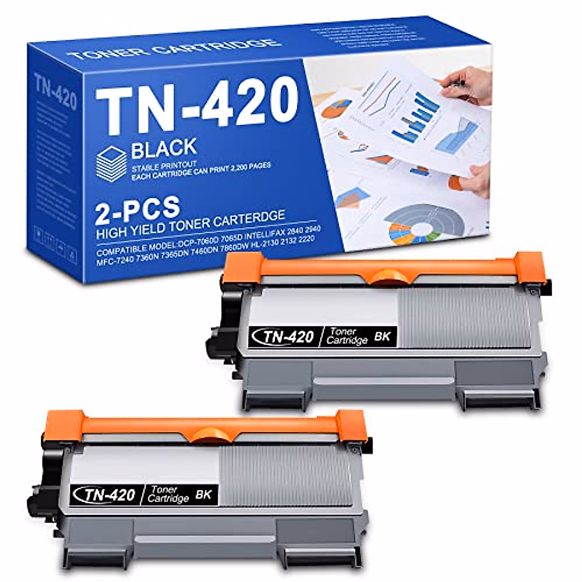 (Page Yield Upto 4,400 Pages) 2 Pack Black TN420 Compatible TN-420 Toner Cartridge Replacement for Brother MFC-7860DW HL-2130 2132 2220 2230 2240 2240D 2242D 2250DN 2270DW Printer Toner Cartridge