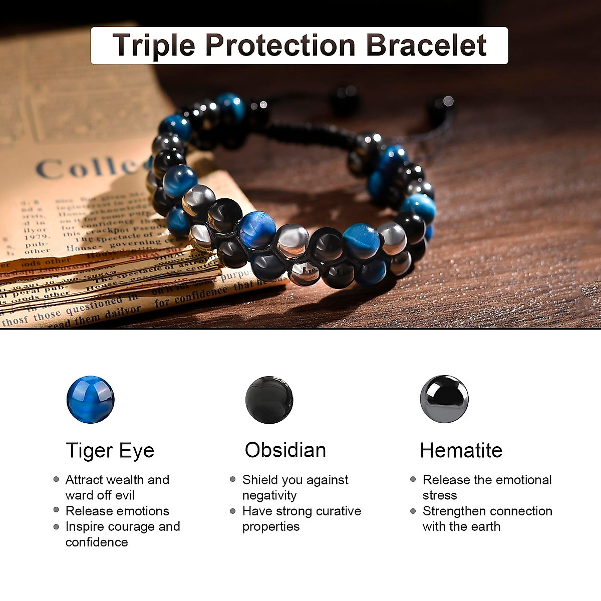 Clheatky Triple Protection Bracelet Hematite Tigers Eye Black Obsidian Bead Bracelets for Men Women 8MM Natural Stone Crystal Bracelets for Healing Protection Balance