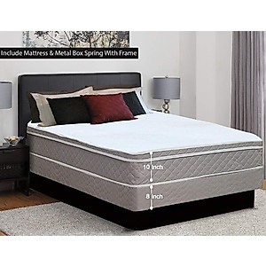 Mattress Solution Medium Plush Eurotop Pillowtop Innerspring Mattress and 8" Metal Boxspring/Foundation Set, with Frame, Queen Size, White and gold