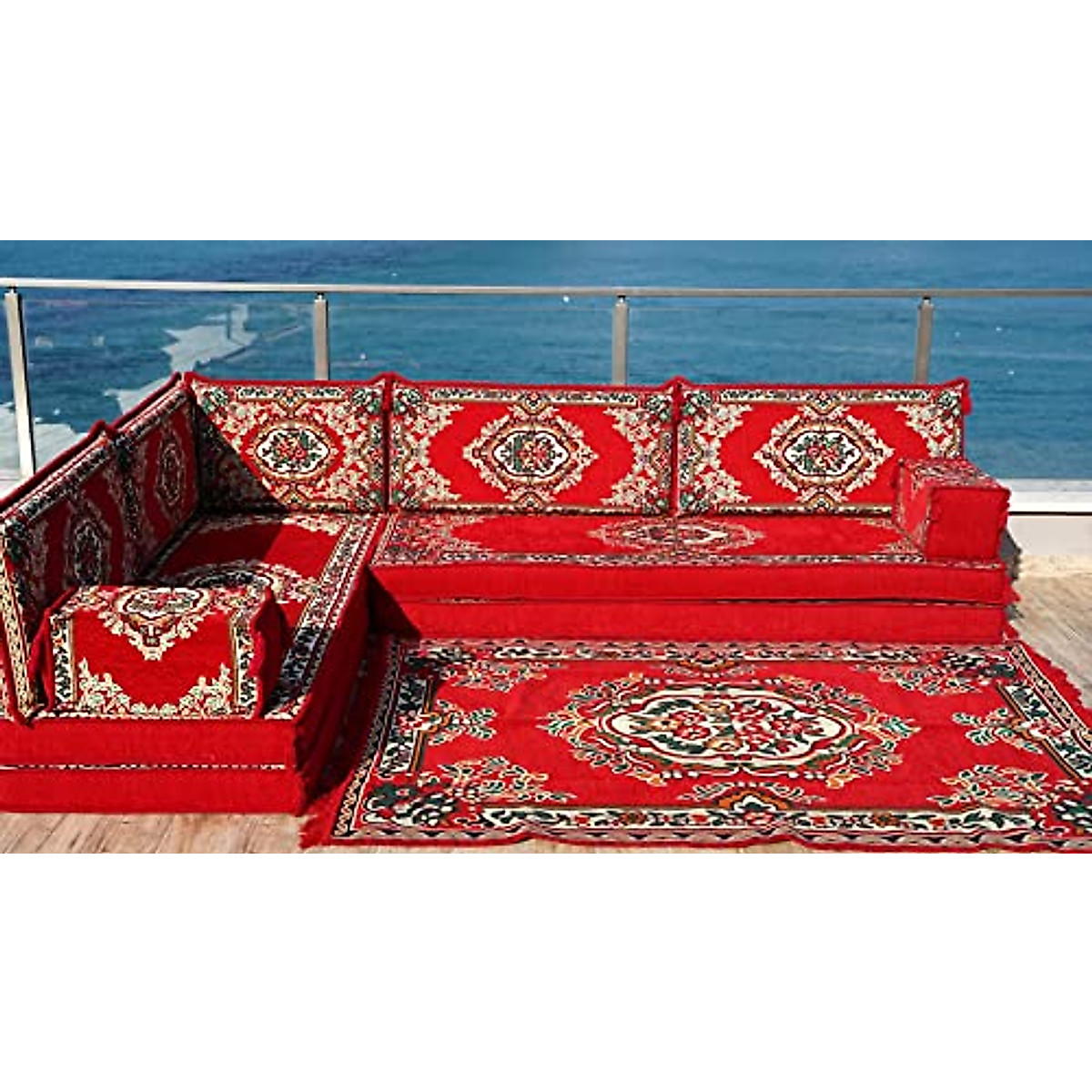 Floral Floor Sofa Seating Set, Arabic Floor Sofa Set, Garden Sofas, Oriental Floor Seating, Floor Cushions, Floor Couches, Arabic Majlis (L Sofa + Rug)