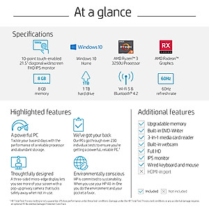 HP 22-DF AMD Ryzen 3 3250U 8GB 1TB HDD 21.5-Inch Full HD Touch Screen All-in-One PC