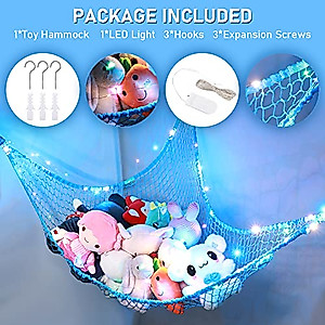 Corner Stuffed Toy Hammock with LED Light, Corner Plush Toy Net Holder, Stuffed Animals Hanging Storage Net, Hanging Toy Net Hammock for Nursery Play Room Bedroom(Blue)