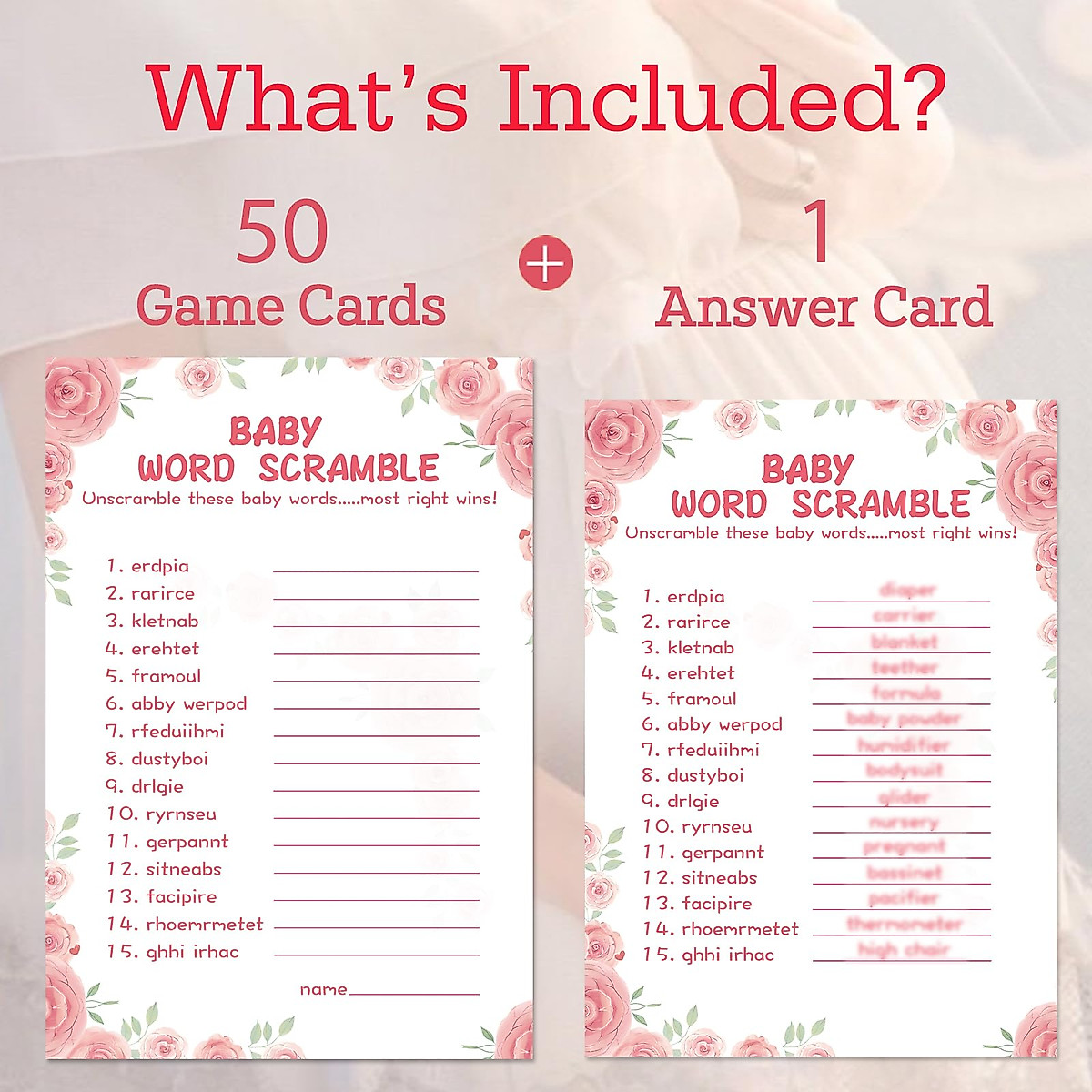 OLOUTAB 50 Baby Shower Games for Girl-Baby Shower Word Scramble Game,Floral Theme, Thick Cardstock, Fun and Easy to Play,Hilarious Baby Shower Games(with Answer)