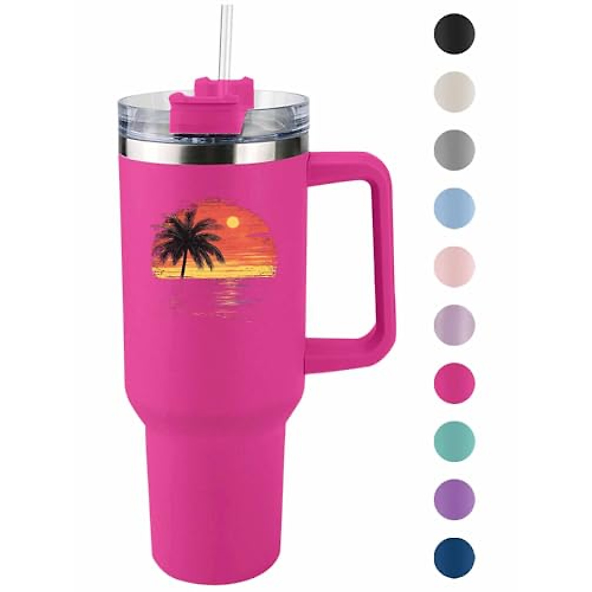 40 ounce insulated cup with handle, double-layer vacuum stainless steel material, equipped with straw, can keep warm or maintain cold drinks Dusk Sunset Palm Trees Sunset Bright pink