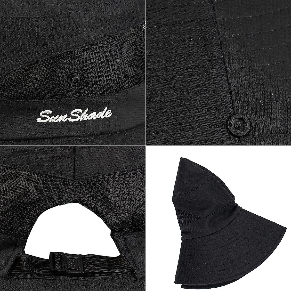 Women's Outdoor UV-Protection-Foldable Sun-Hats Mesh Wide-Brim Beach Fishing Hat with Ponytail-Hole (Black)