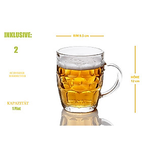 BothEarn 1 Pint Dimpled Beer Mug Set of 2 - Heavy British Pub Thick Glass with Handle - Stein Cup for Beer Lover in Home Party BBQ