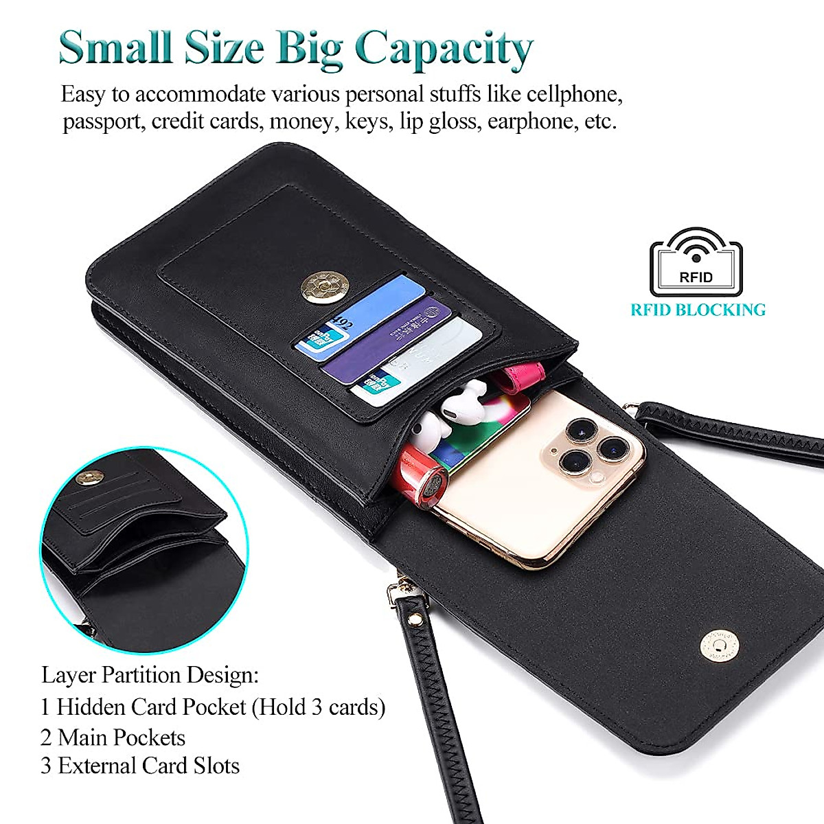 Peacocktion Small Crossbody Cell Phone Purse for Women, Clear Window Touch Screen Wallet Shoulder Bag (Black)