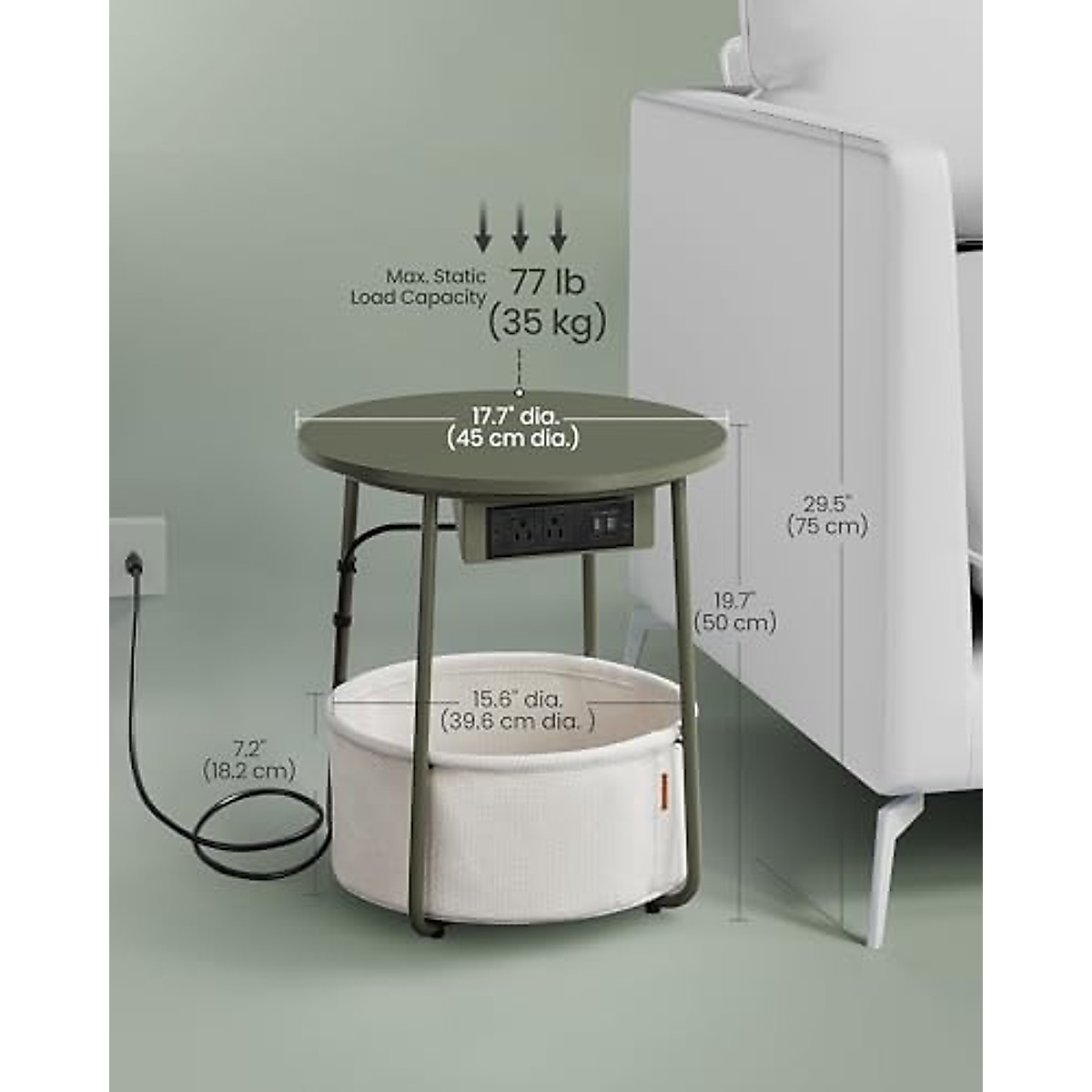 VASAGLE Side Table with Charging Station, Round End Table With Fabric Basket, Nightstand with Power Outlets USB Ports, for Living Room, Bedroom, Modern, Forest Green and Cream White ULET228C04