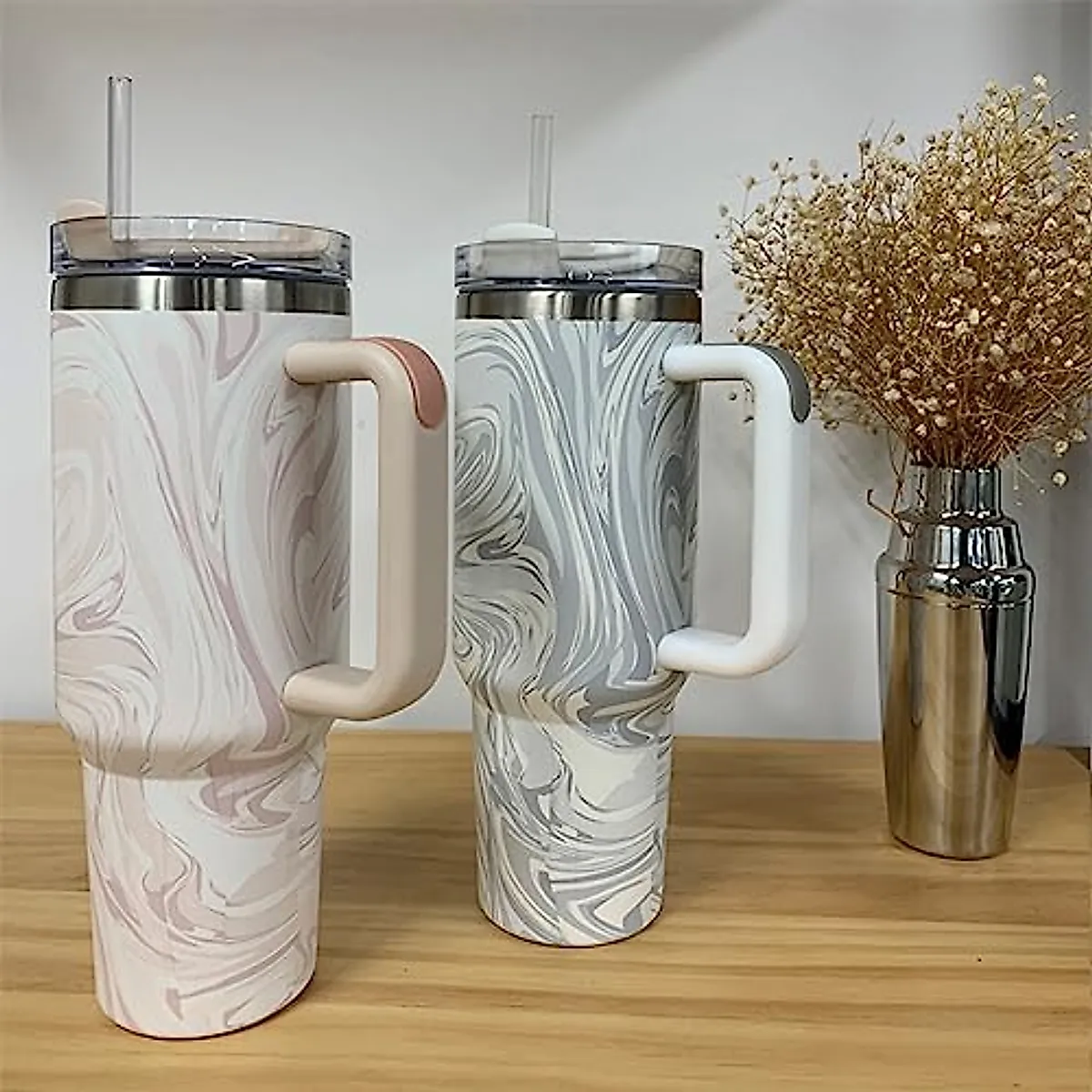 40 oz Tumbler with Handle and Straw Travel Mug Straw Covers Cup Stainless Steel Vacuum Insulated Tumbler for Water, Iced Tea or Coffee, Smoothie (PINK)