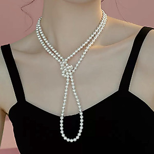 Merdia Elegant Women Lady Long White Sweater Created Pearl Necklace Beaded necklace