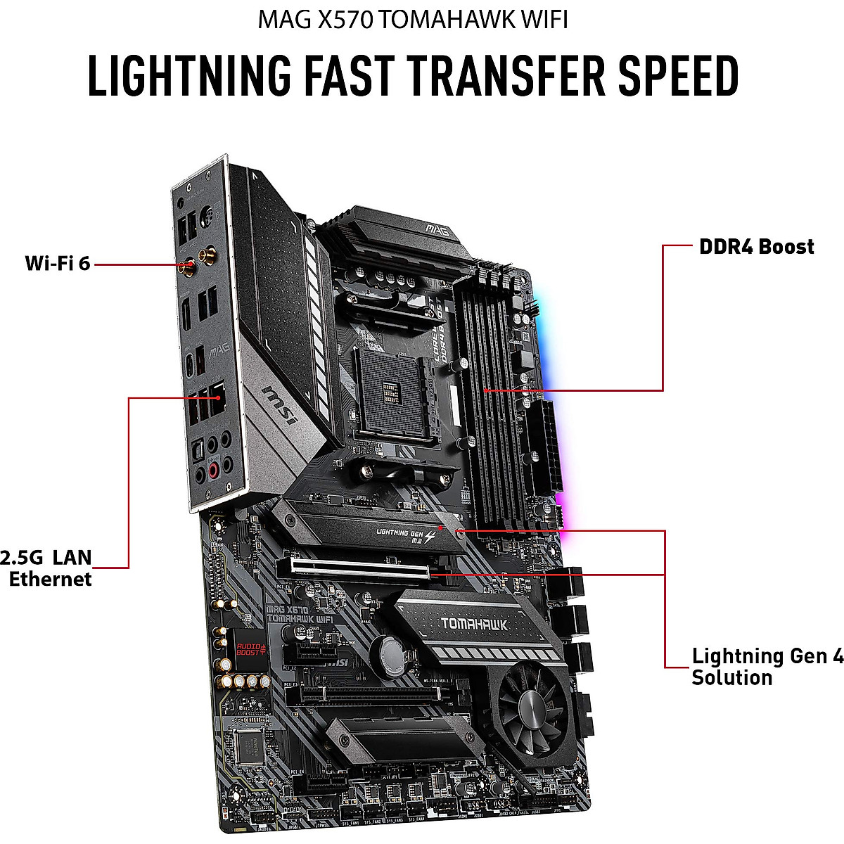 MSI MAG X570 TOMAHAWK WIFI Motherboard (AMD AM4, DDR4, PCIe 4.0, SATA 6Gb/s, M.2, USB 3.2 Gen 2, AC Wi-Fi 6, HDMI, ATX)