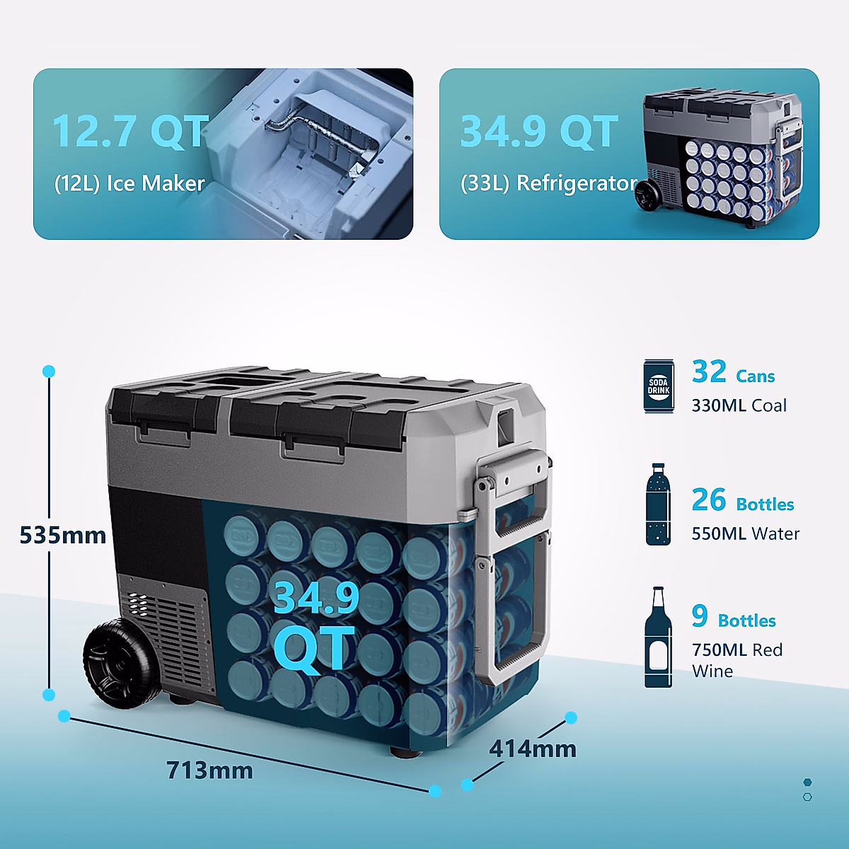 EUHOMY 12 Volt Refrigerator with Ice Maker, 48QT(45L) Electric Cooler Usable Battery Dual Zone, Car Refrigerator APP Control, 12V Fridge 12/24V DC 110-240V AC for Camping, Travel, Outdoor, Home