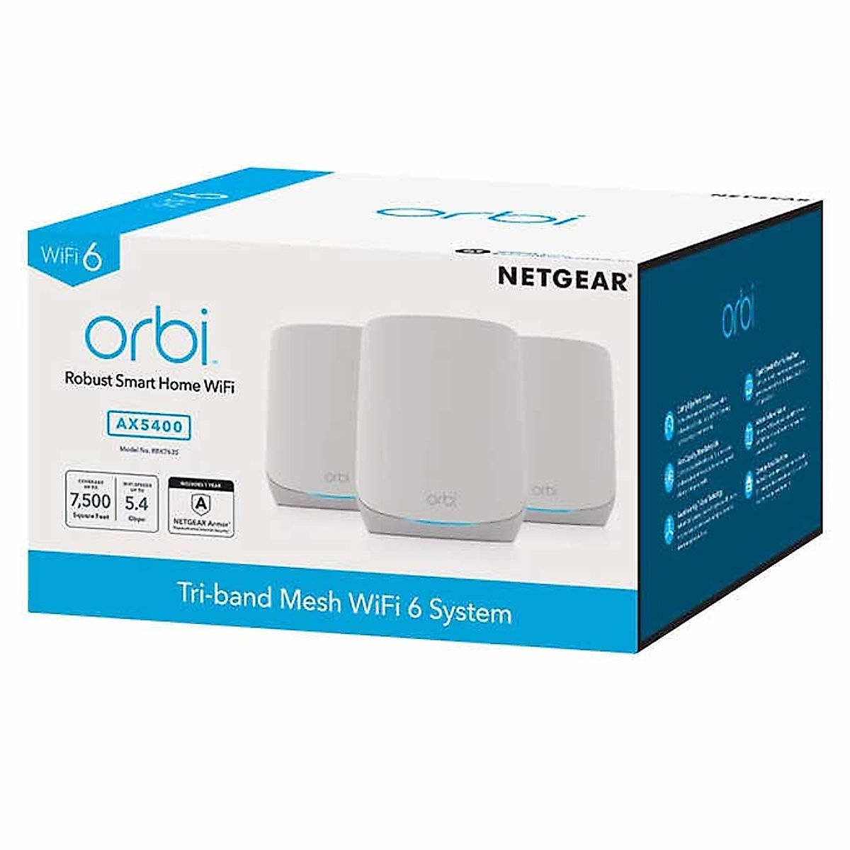 NETGEAR Orbi Tri-Band Wi-Fi 6 Mesh System RBK763S Router with 2 Satellite Extenders (Coverage up to 7,500 sq. ft, 75 Devices, AX5400 Up to 5.4Gbps)