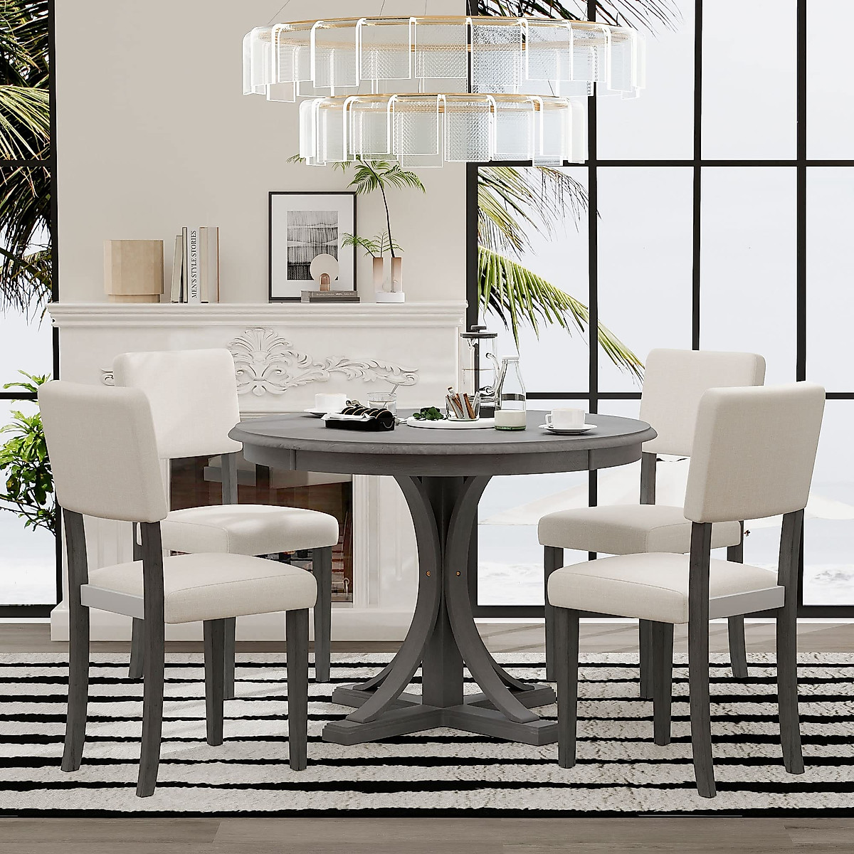 Round Dining Table Set for 4 5-Piece Kitchen Table and Chairs Small Wood Round Table with 4 Upholstered Chairs and Curved Trestle Legs Dining Room Breakfast Table Sets for Apartment, Grey
