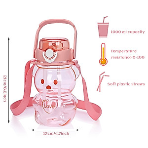 Kawaii Bear Straw Water Bottles Love Large Water Cups Strap for Kids Girls Gifts School Sports Daily Life Milk Tea Juice Travel Drinking Bottled Water Cute Portable Leakproof (Green)