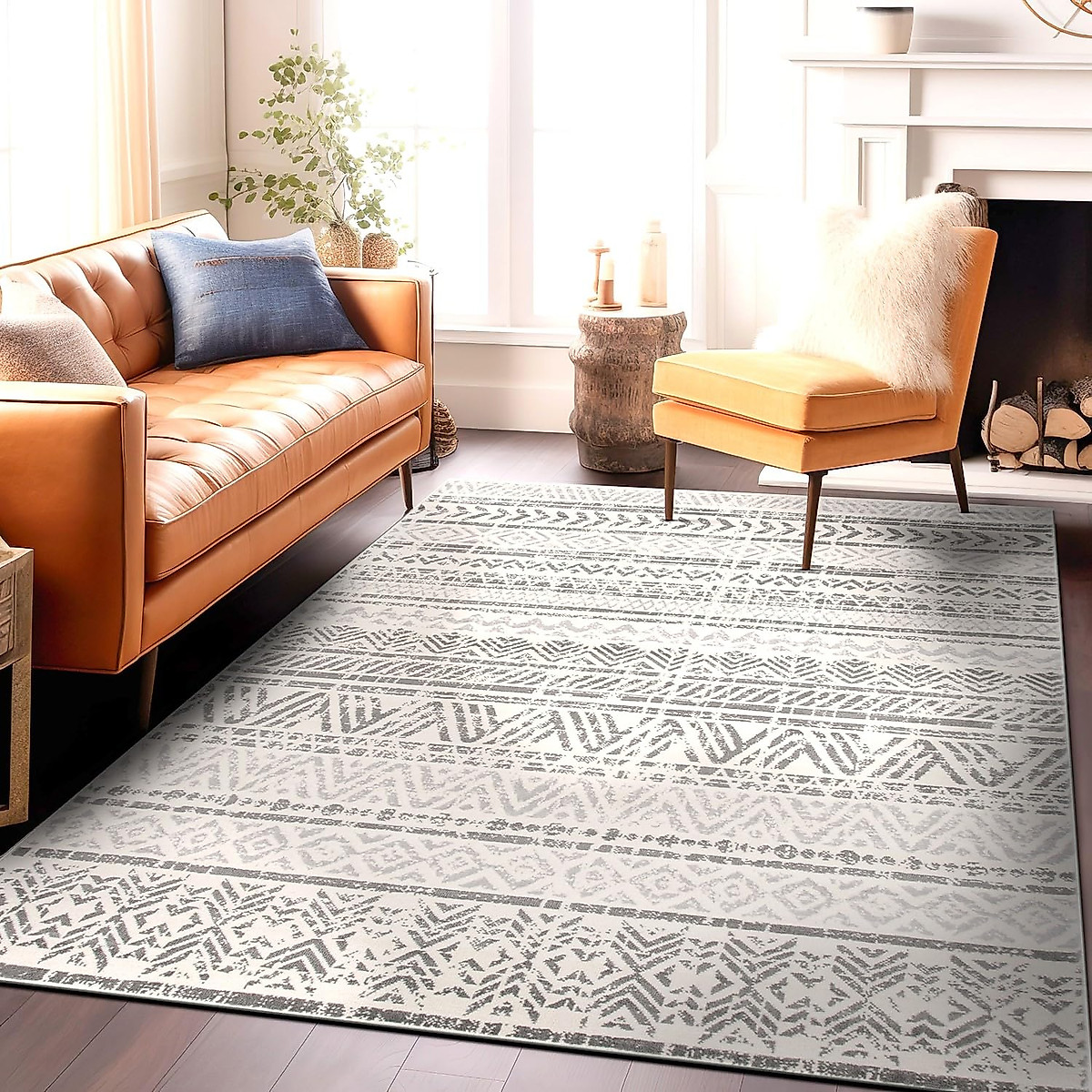 Rugshop Geometric Boho Perfect for high traffic areas of your Living Room,Bedroom,Home office,Kitchen Area Rug 5' x 7' Gray