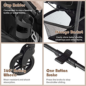 BABY JOY Baby Stroller, 2 in 1 Convertible Carriage Bassinet to Stroller, Pushchair with Foot Cover, Cup Holder, Large Storage Space, Wheels Suspension, 5-Point Harness (Light Coffee)