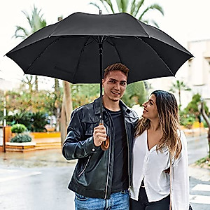 G4Free Wooden J Handle Umbrella 54 Inch Large Auto Open Classic Windproof Rain Stick Umbrellas for Men Women (Black)
