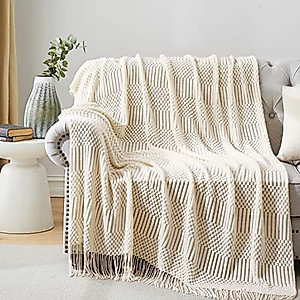 HommxJF Off White Knitted Throw Blankets for Couch, Bedroom and Officeroom,Textured Fade Resistant Soft and Warm Decorative Knitted Blankets with Tassel,50"x60"