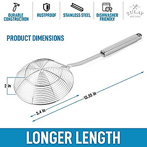 Zulay Kitchen 15.4 Inch Stainless Steel Strainer - Spiral Wire Mesh Skimmer Spoon Ladle With Long Handle - Reinforced Double Coil Slotted Spoons For Cooking and Frying