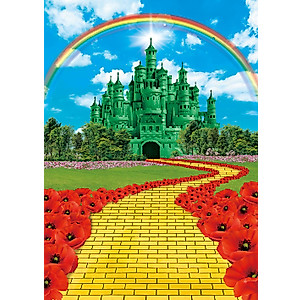 Green Castle Yellow Brick Road Backdrop for Party Decorations 5x7FT Rainbow Floral Castle Gold Brick Road Photography Background Baby Shower Princess Party Decorations Supplies