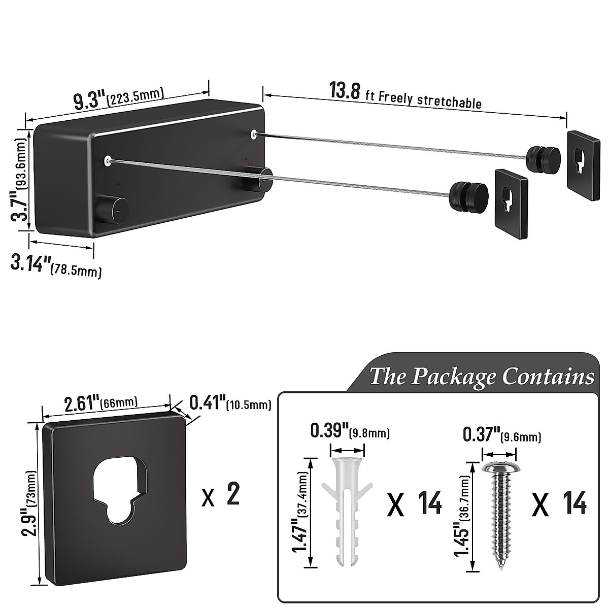 Danpoo Retractable Clothesline Outdoor/Indoor, Double Lines for Hanging Clothes with 13.8 Ft Steel Wire, Heavy Duty Clothing Line Wall Mounted, Black