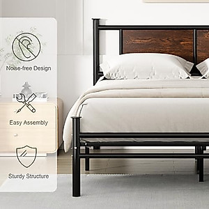 HAOARA California King Size Bed Frame with Rustic Wood Headboard, Metal Heavy Duty Platform Frame, Sturdy Steel Slat Support, No Box Spring Needed, Black