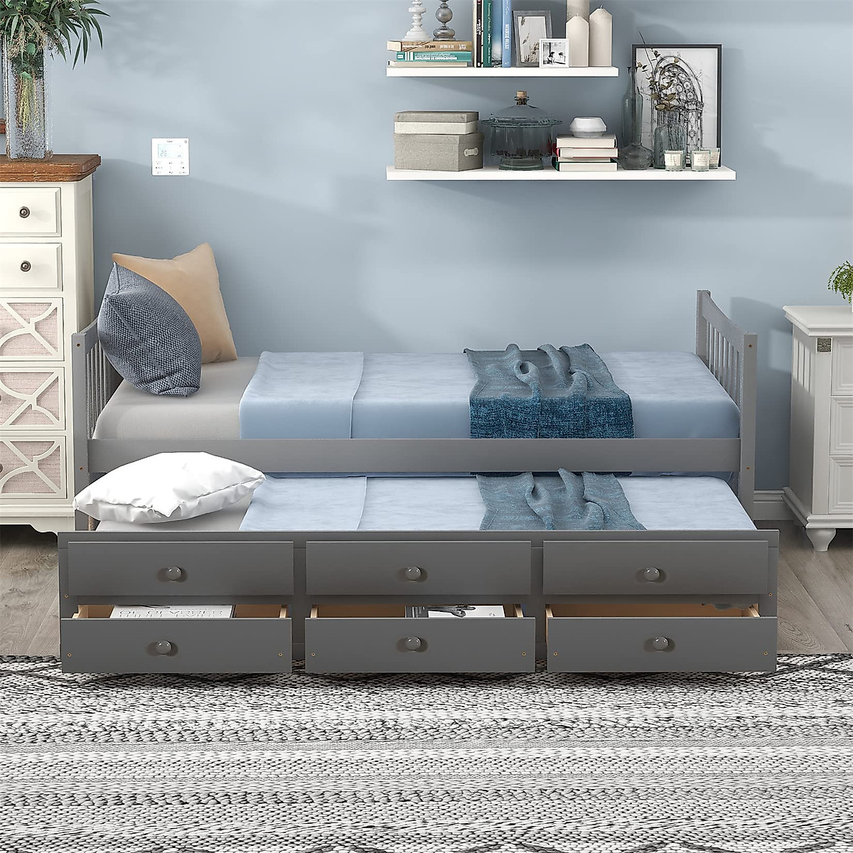 Bellemave Twin Daybed with Trundle and Storage Drawers Wood Twin Size Bed Frame with 3 Drawers Wooden Platform Beds for Kids Boys Girls Teens, Gray, Gray With Storage