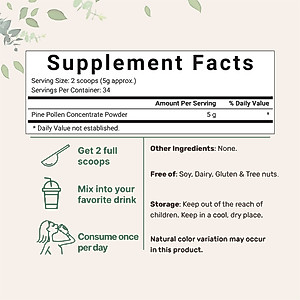 Pure Pine Pollen Powder, 6 Ounce, Wild Harvest an Broken Cell Wall, Supports Immune System Health, Boosts Energy, Antioxidant & Androgenic, No GMOs, Vegan Friendly