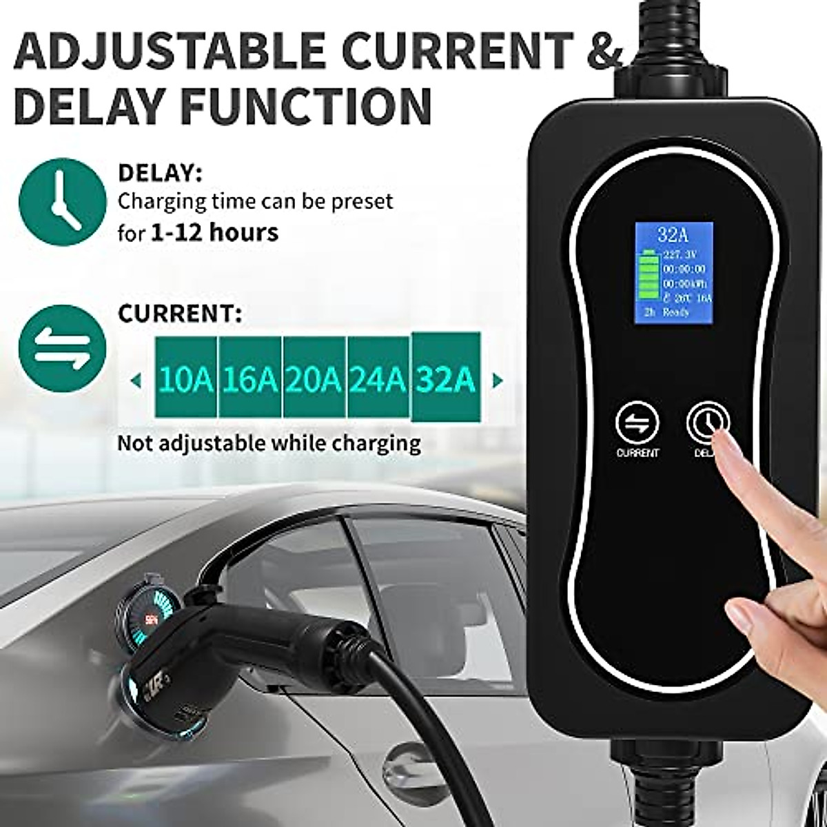 YITAHOME EV Charger Level 2 Delay 240V 32A Portable Electric Vehicle Charger with 25ft Extension Cable NEMA 14-50 Plug with J1772 EVs
