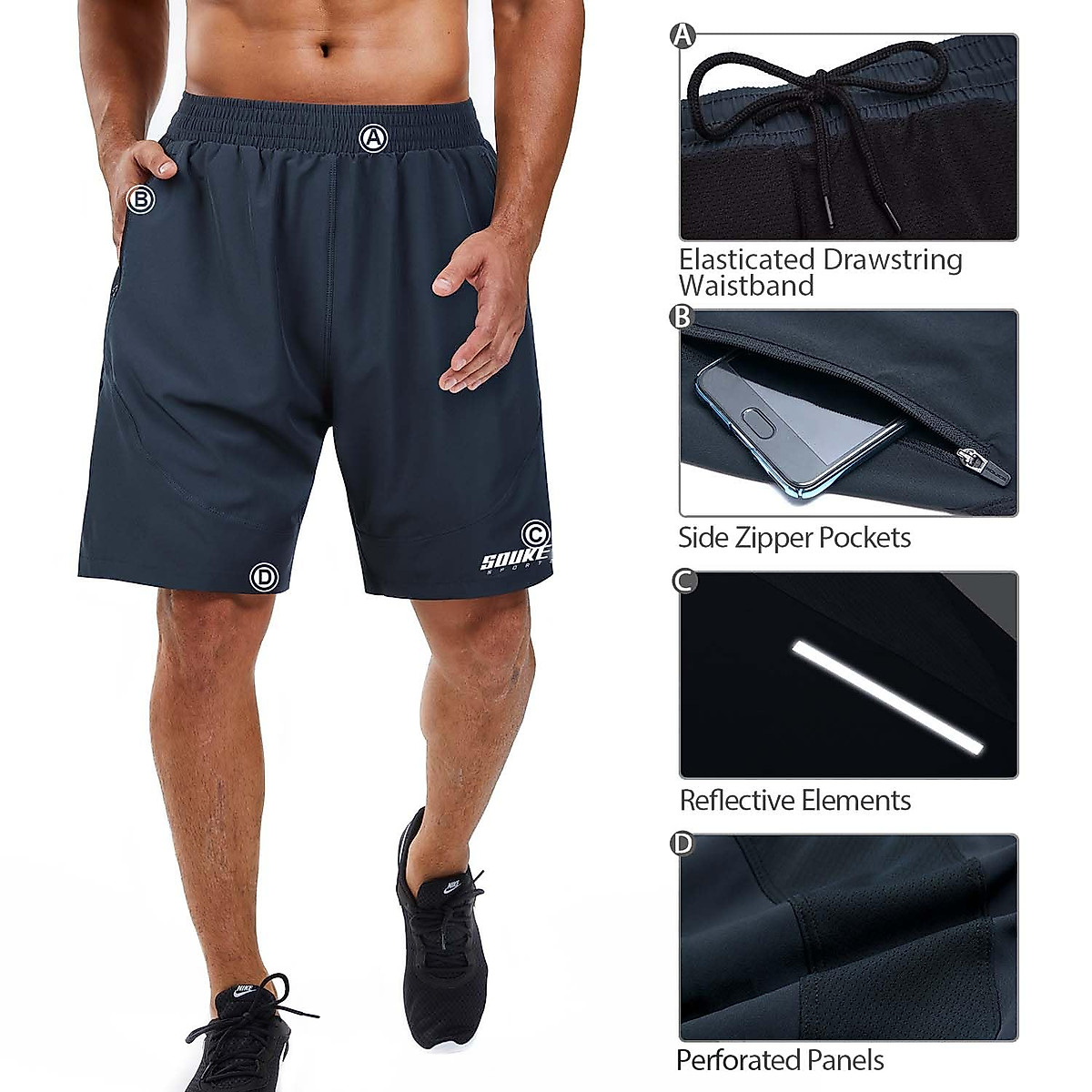 Souke Sports Men's Workout Running Shorts Quick Dry Athletic Performance Shorts Black Liner Zip Pockets