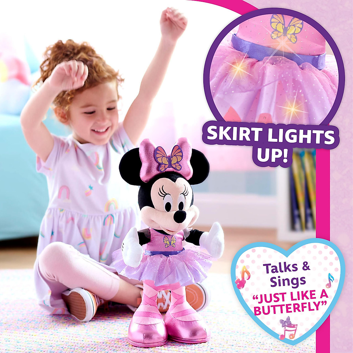 Just Play Minnie Disney Junior Mouse Sing and Dance Butterfly Ballerina Lights and Sounds Plush, Sings Just Like a Butterfly, Kids Toys for Ages 3 Up