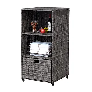 Kinsuite Outdoor Pool Towel Rack - Outdoor PE Rattan Storage Cabinet with 2 Storage Shelves & 1 Bottom Drawer for Patio Hot Tub Spa, Grey