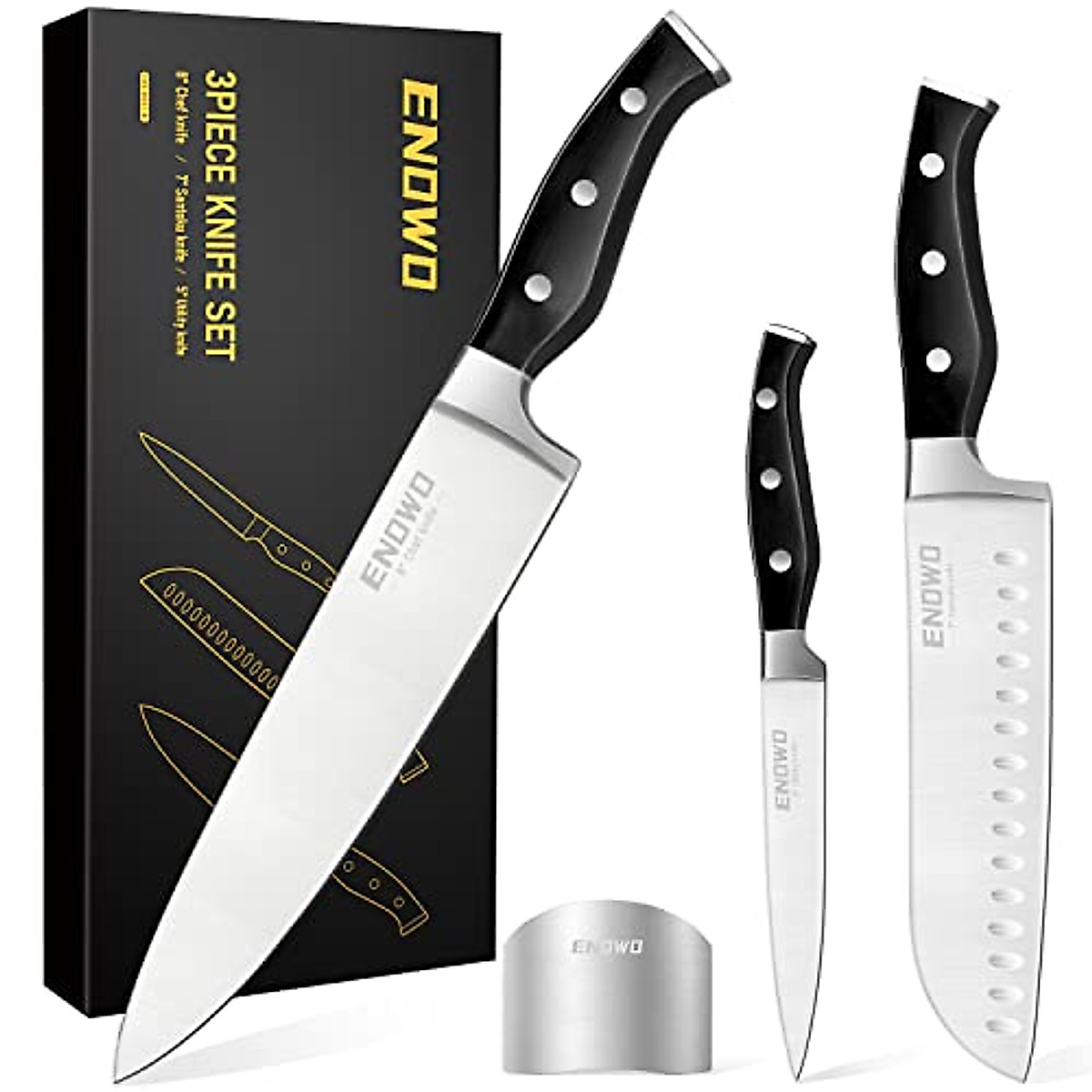 enowo Chef Knife Ultra Sharp Kitchen Knife Set 3 PCS,Premium German Stainless Steel Knife with Finger Guard Clad Dimple,Ergonomic Handle and Gift Box