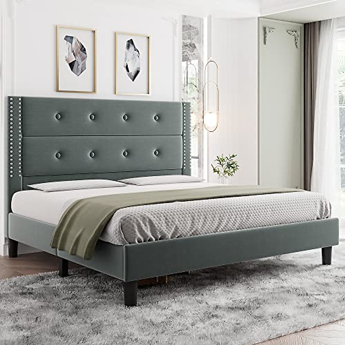iPormis King Size Platform Bed Frame, Velvet Upholstered Bed Frame with Button Tufted & Nailhead Headboard, Wooden Slats Support, No Box Spring Needed, Noise-Free, Gray