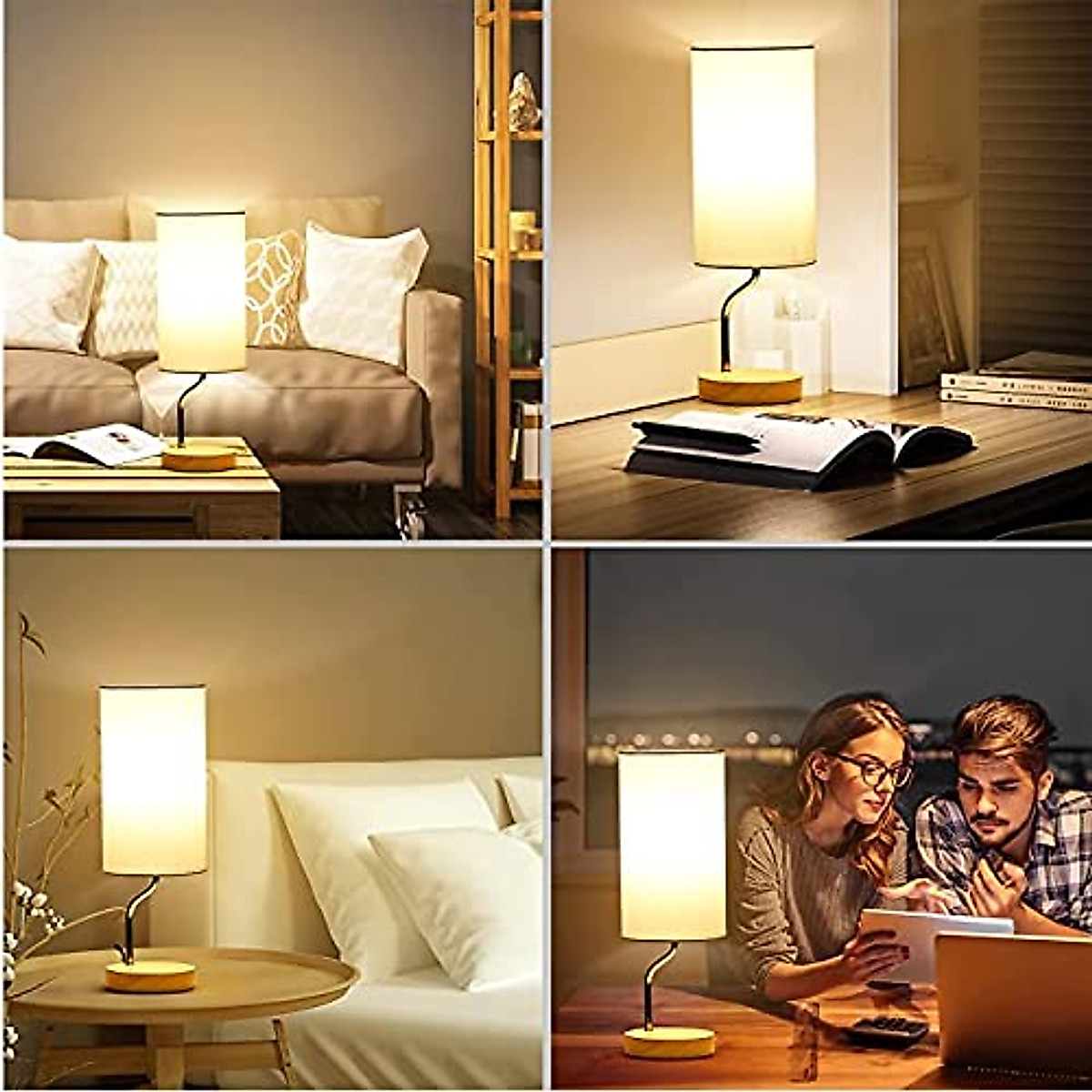 Bedside Table Lamp with Wireless Charger & USB Port - Touch Control LED Desk Lamp for Bedroom, 3-Way Dimmable Wooden Nightstand Lamp with Fabric Shade for Living Room, Kid's Room, Dorm, or Office