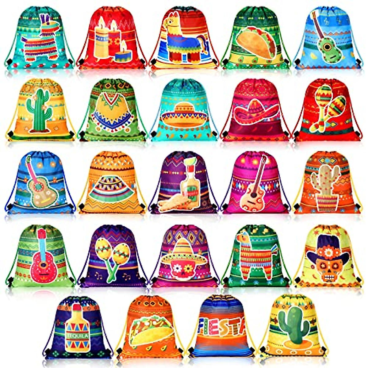 24 Mexican Fiesta Party Favor Drawstring Bags for Kids