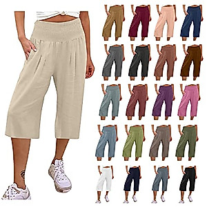 YMADREIG High Waisted Linen Pants for Women Dressy Casual Capris Wide Leg Summer Pants Elastic Waistband Gaucho Pants Workout Yoga Palazzo Pants Vacation Lounge Boho Pants with Pocket