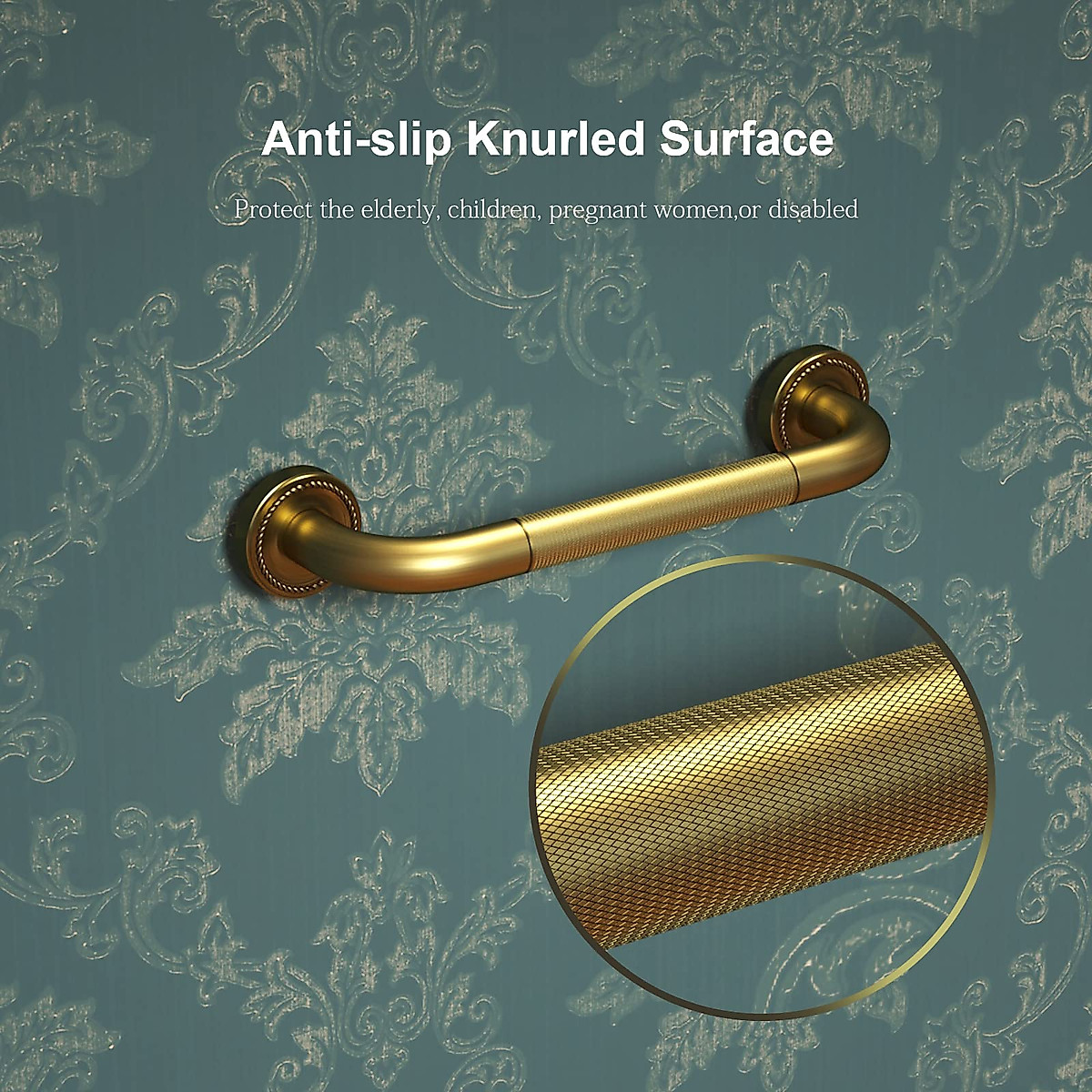 12 Inch Anti Slip Bronze Shower Grab Bar Polished Gold,ZUEXT Antique Brass Bathroom Grab Bar, Knurled Bathroom Balance Bar,Safety Hand Rail Support,Handicap Elderly Injury Senior Assist Bath Handle