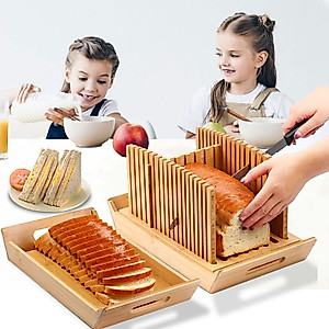 Kiss Core Premium Bamboo Bread Slicer for Homemade Bread, Crumb Catcher, Foldable and Compact Loaf Cutter 3 Size Slicing Guide