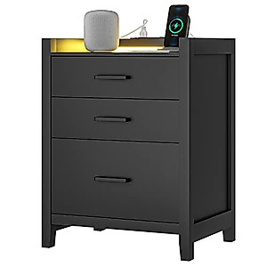 EPHEX Nightstands Set of 2, LED Nightstand with Charging Station, End Side Table with 3 Drawers, Modern Night Stand Bedside Table for Bedroom, Black, NSL03