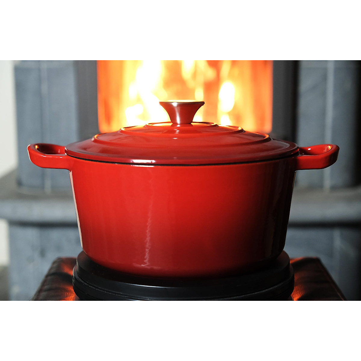 Dutch Oven Enameled Cast Iron Pot - Cocotte with Dual Handle and Cover Casserole Dish - Round Red 10.23" (26 cm)