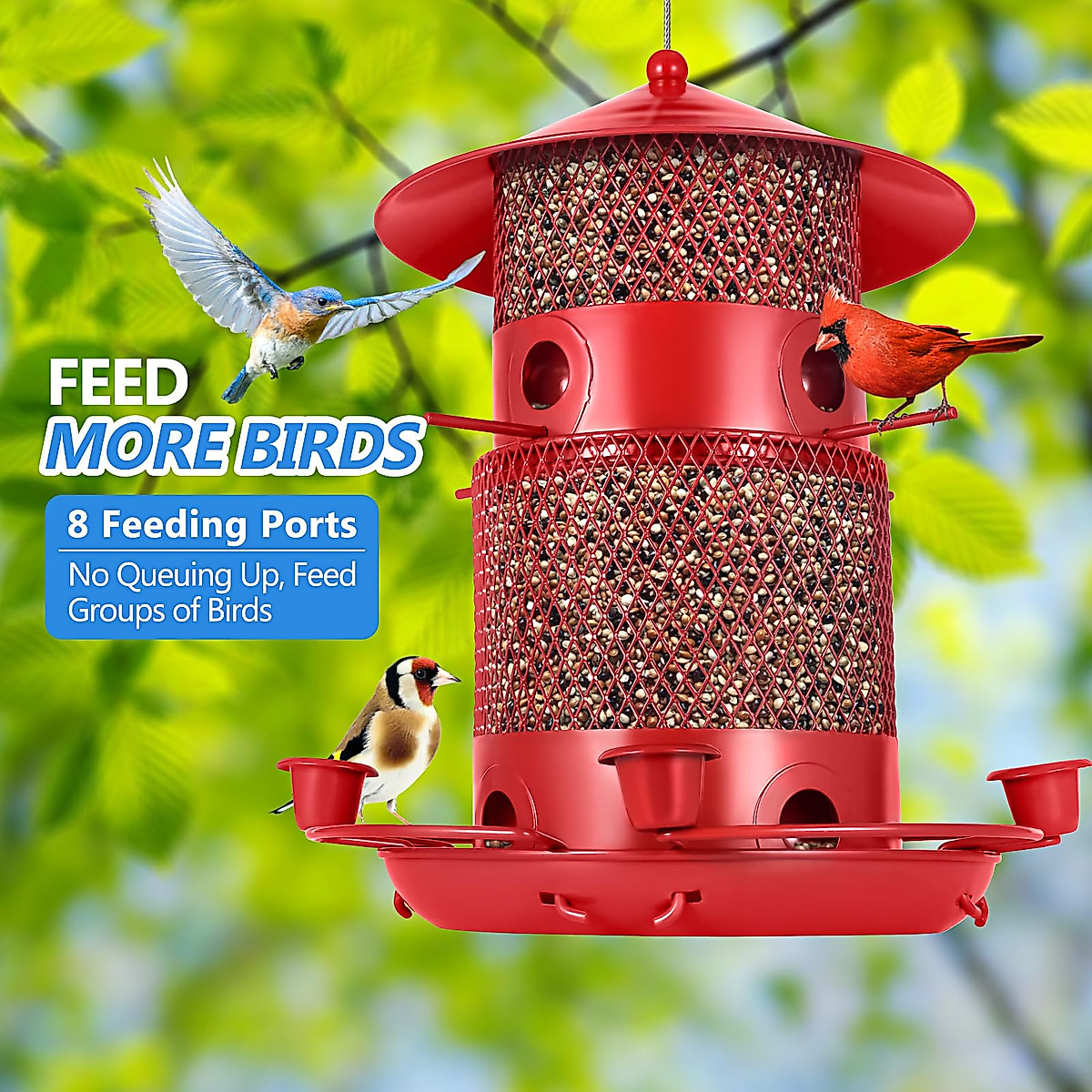 Metal Bird Feeders for Outside, Squirrel Proof Hanging Wild Bird Feeder, 4 Lbs Large Seed Capacity, Outdoors Mesh Tube Birdfeeders with 6 Perches