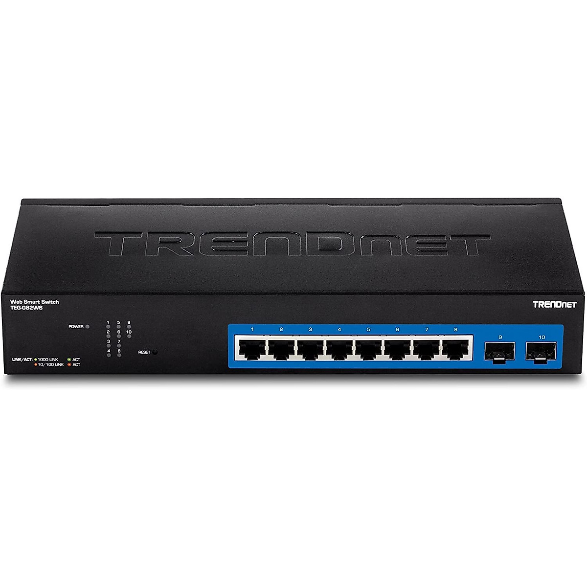 TRENDnet 10-Port Gigabit Web Smart Switch, 20 Gbps Switching Capacity, 8 x RJ-45 Ports, 2 x SFP, Slots, VLAN, QoS, LACP, IPv6 Support, Fanless, Rack Mountable, Lifetime Protection, TEG-082WS Black